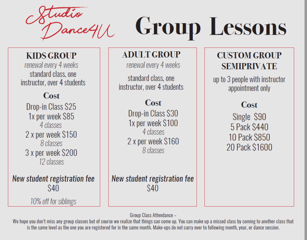 Group Class Rates – Studio Dance 4 U!